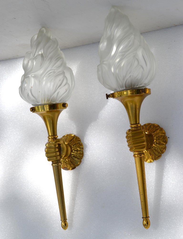 Maison Arlus Bronze Sconce Hand Holding Torch and Flame Glass Shade ...