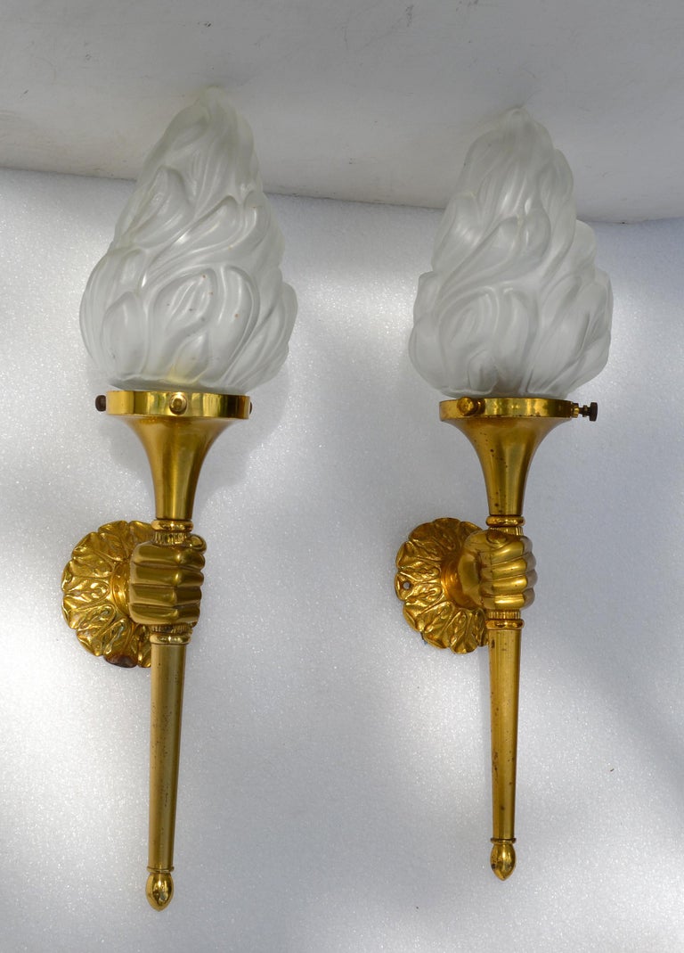 Maison Arlus Bronze Sconce Hand Holding Torch and Flame Glass Shade ...