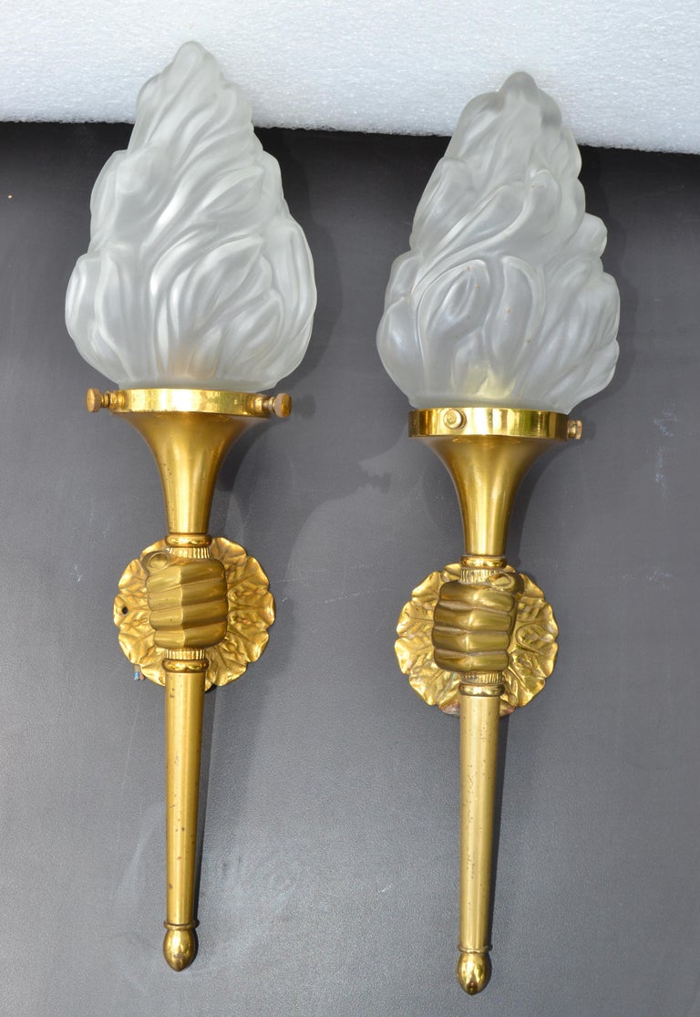 Maison Arlus Bronze Sconce Hand Holding Torch and Flame Glass Shade ...
