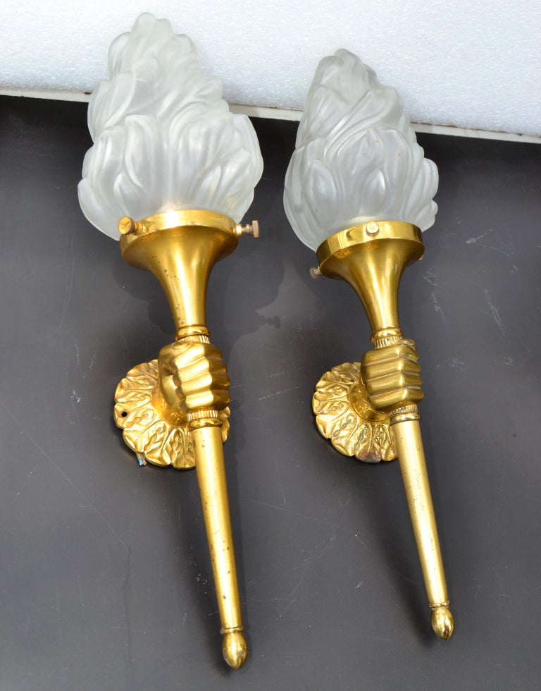 Maison Arlus Bronze Sconce Hand Holding Torch and Flame Glass Shade ...