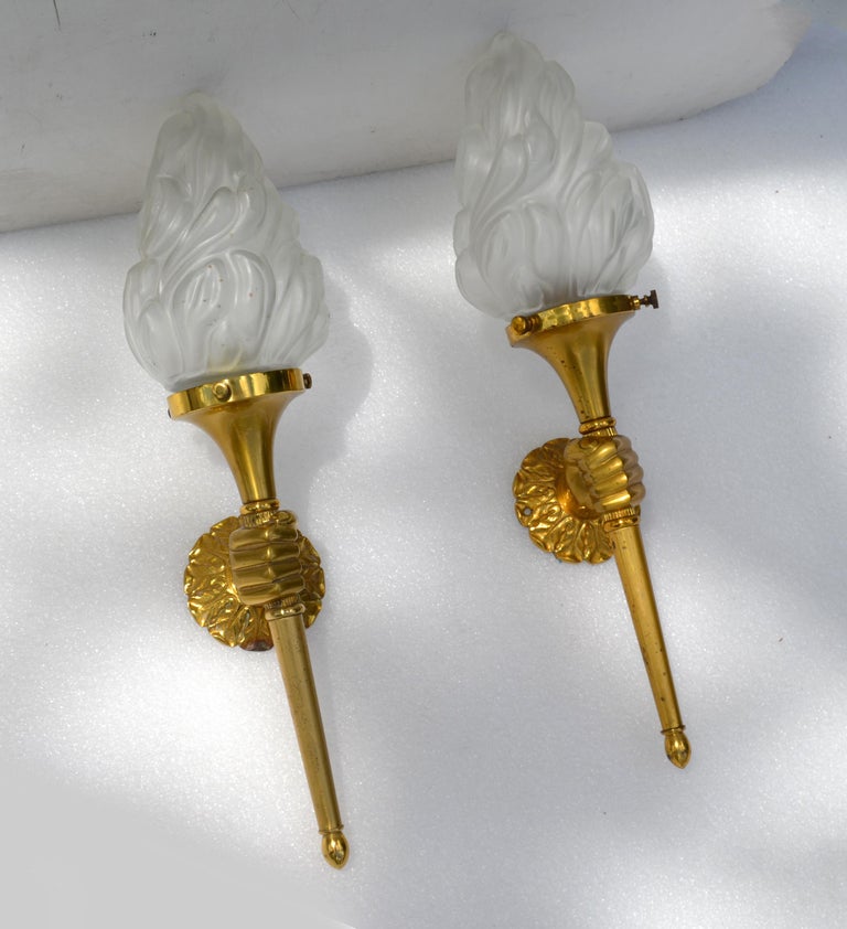 Maison Arlus Bronze Sconce Hand Holding Torch and Flame Glass Shade ...