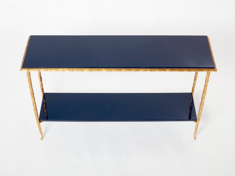Maison Baguès Foliage Bronze Blue Lacquered Console Table 1960s For Sale at 1stDibs