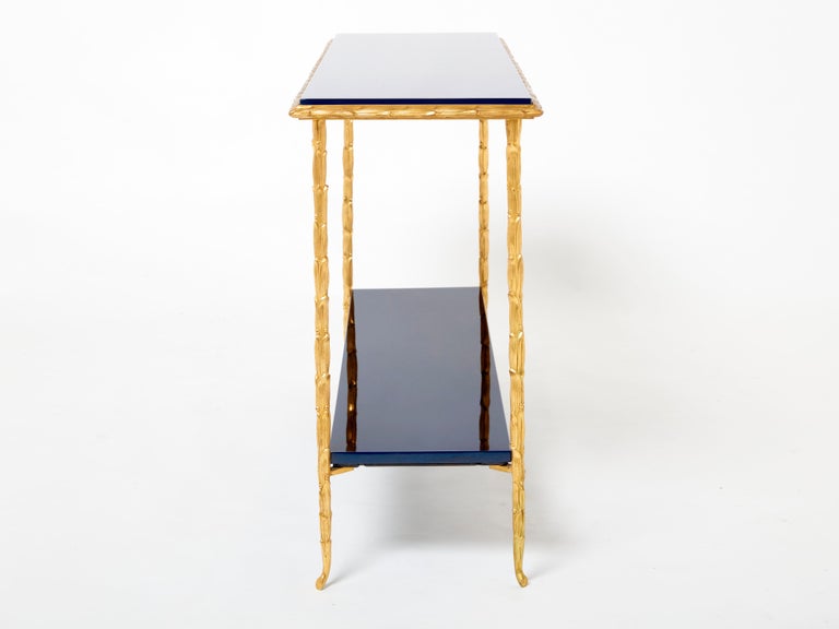 Maison Baguès Foliage Bronze Blue Lacquered Console Table 1960s For Sale at 1stDibs