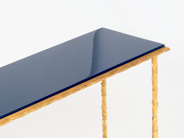 Maison Baguès Foliage Bronze Blue Lacquered Console Table 1960s For Sale at 1stDibs