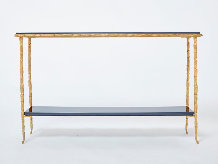 Maison Baguès Foliage Bronze Blue Lacquered Console Table 1960s For Sale at 1stDibs