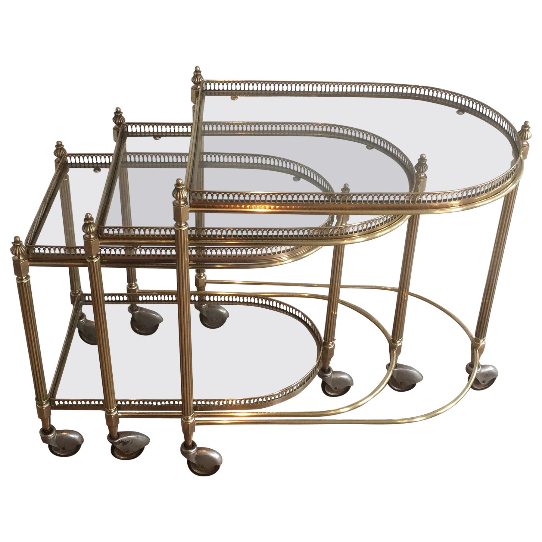 English Nesting Set of Three Brass Bar Carts with Removable Galleried ...