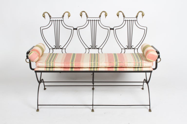 Maison Jansen Black Iron Lyre-Back Bench or Settee, Brass Swan Heads ...
