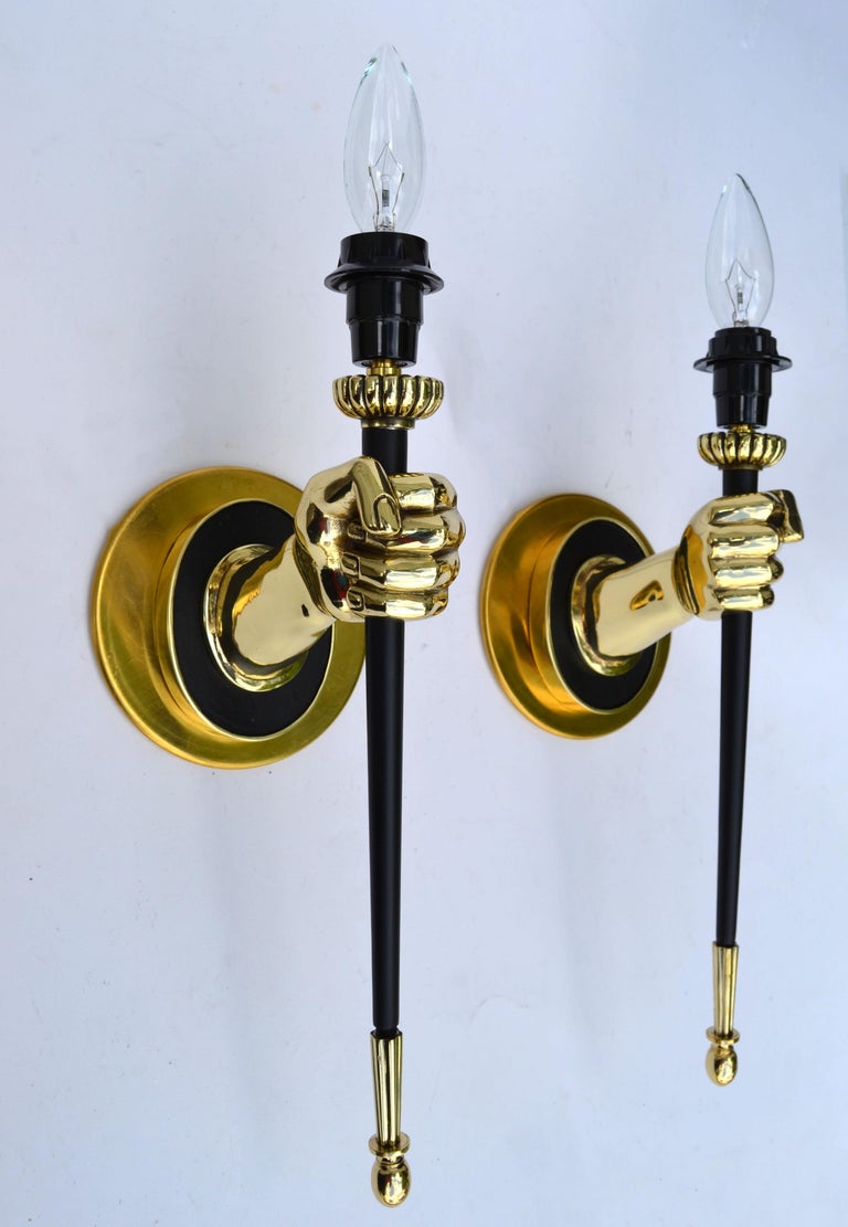 Maison Jansen French Pair of Bronze Hand Sconces Black Torch Mid ...