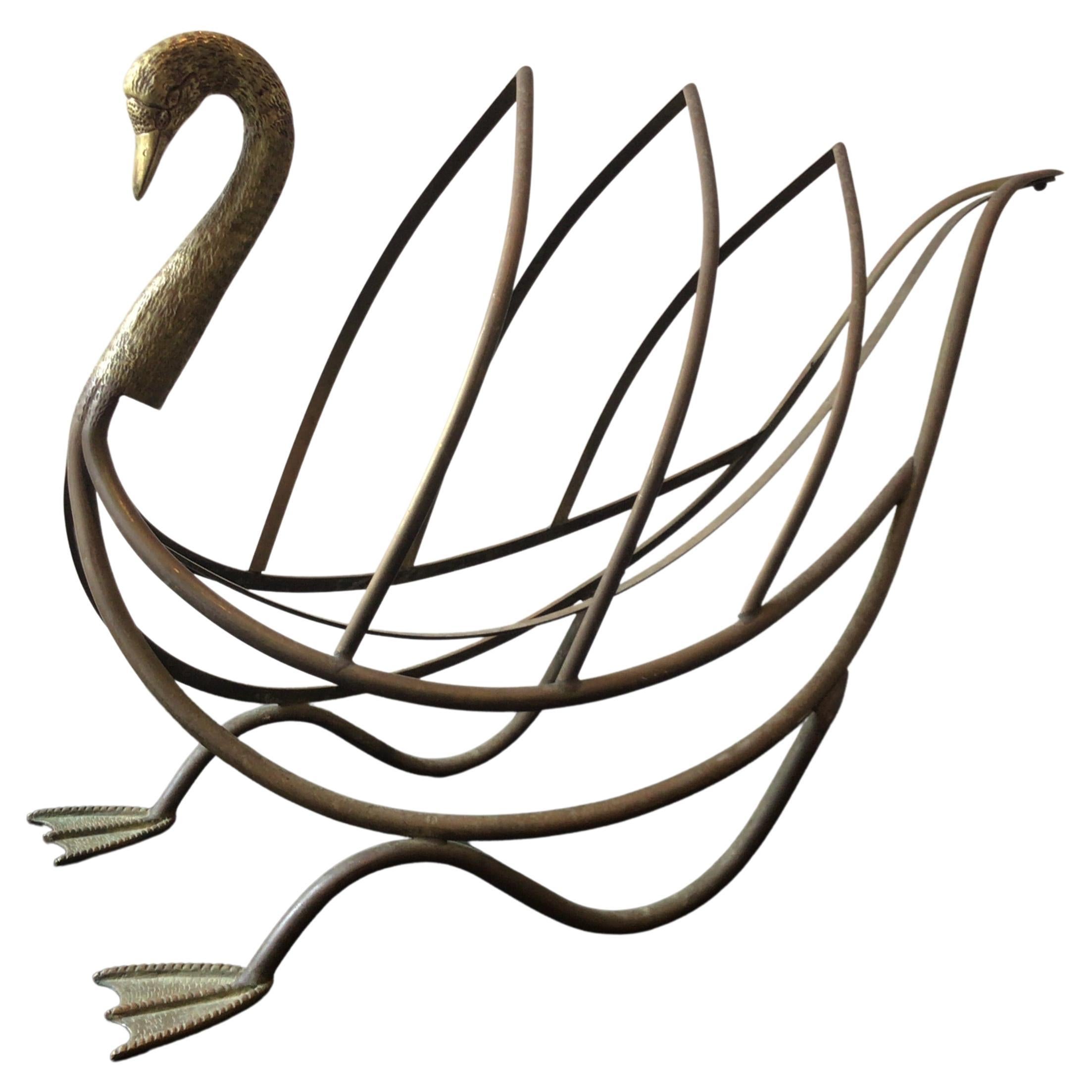 Midcentury French Brass Swan Magazine Rack at 1stDibs