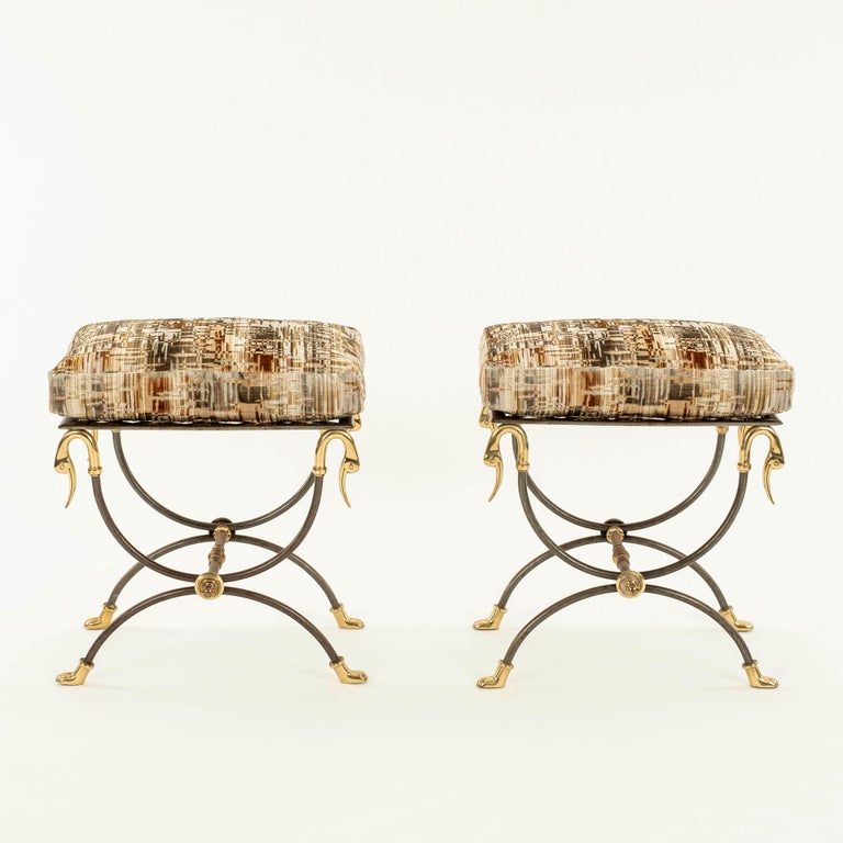 Maison Jansen Style Steel and Brass Curule Ottoman at 1stDibs