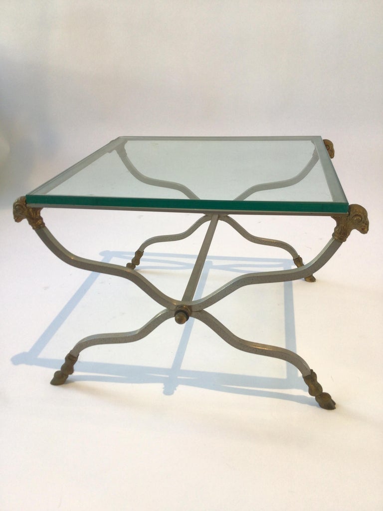 Maison Jansen Style Steel and Brass Ram Side Table with Glass Top at ...