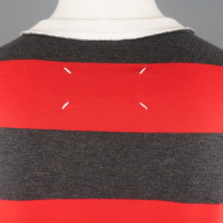 MAISON MARGIELA Size XL Red and Grey Stripe Cotton Reverse Seam Crew ...