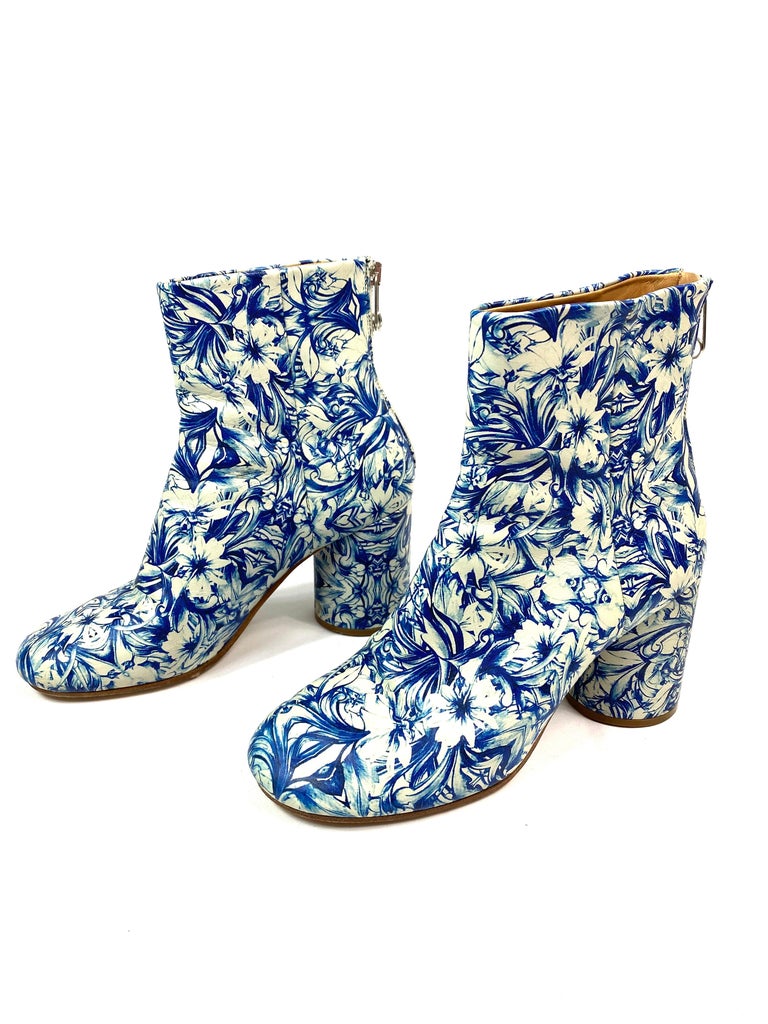 MAISON MARGIELA White and Blue Floral Print Leather Block Heel Booties ...