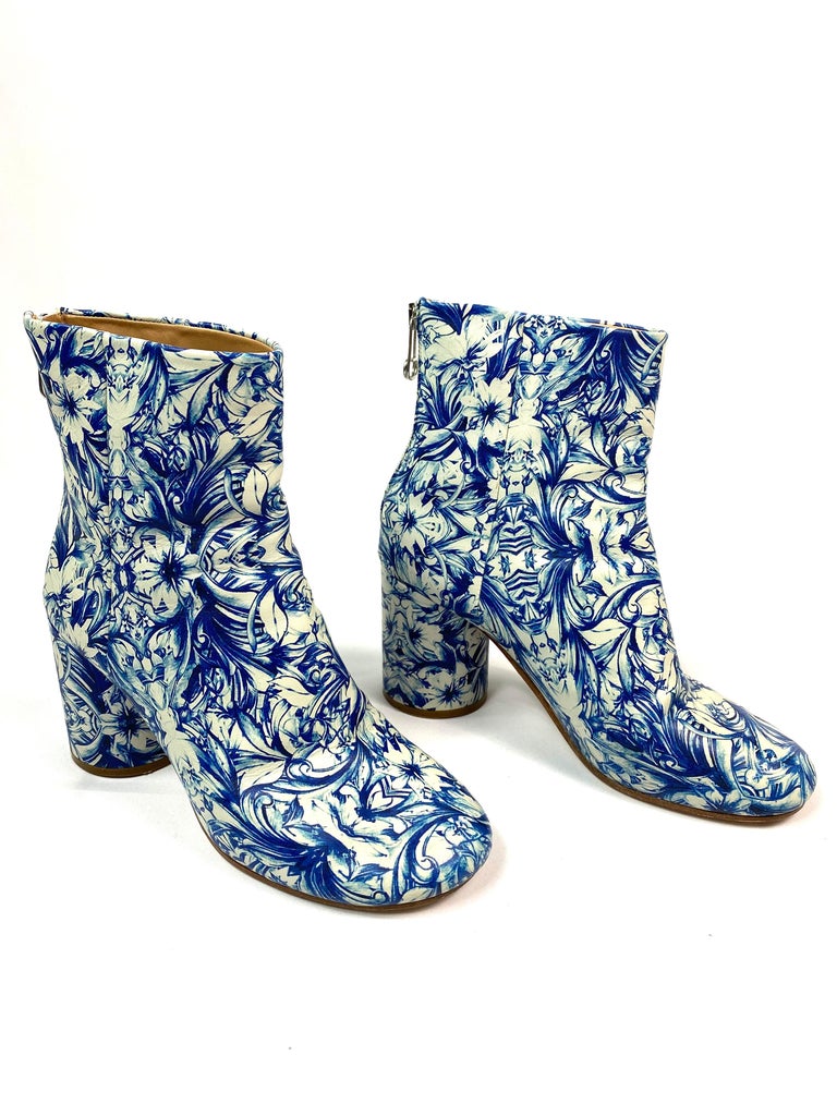 MAISON MARGIELA White and Blue Floral Print Leather Block Heel Booties ...