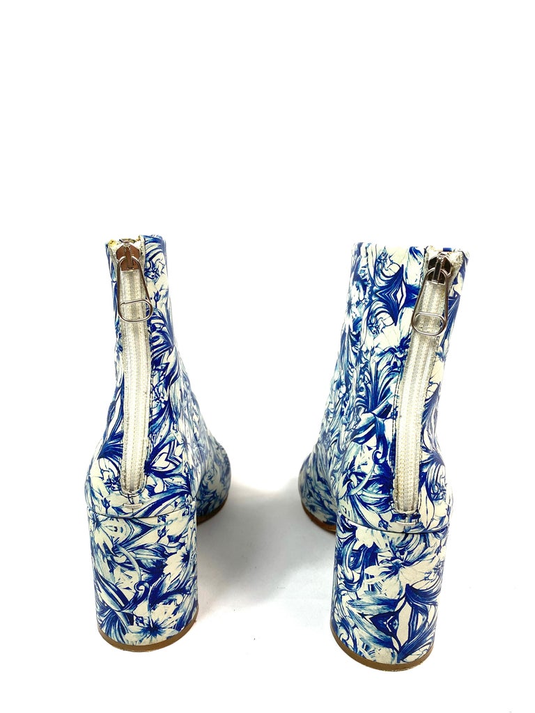 MAISON MARGIELA White and Blue Floral Print Leather Block Heel Booties ...