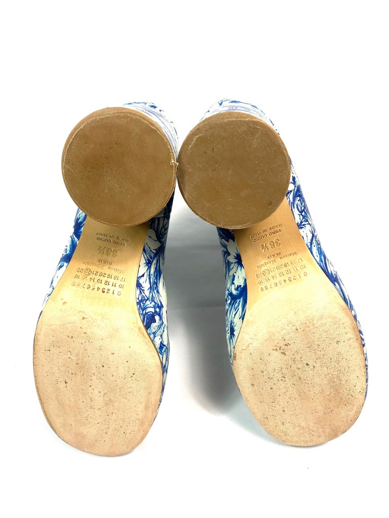 MAISON MARGIELA White and Blue Floral Print Leather Block Heel Booties ...