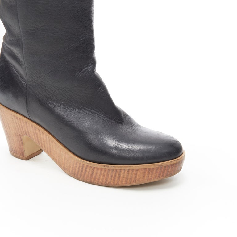 MAISON MARTIN MARGIELA MMM black washed leather wooden platform boot ...