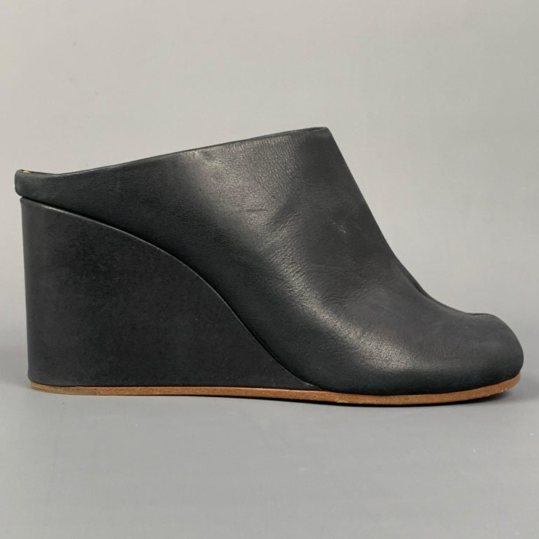 MAISON MARTIN MARGIELA Size 8 Charcoal Leather Tabi Wedge Slippers at ...