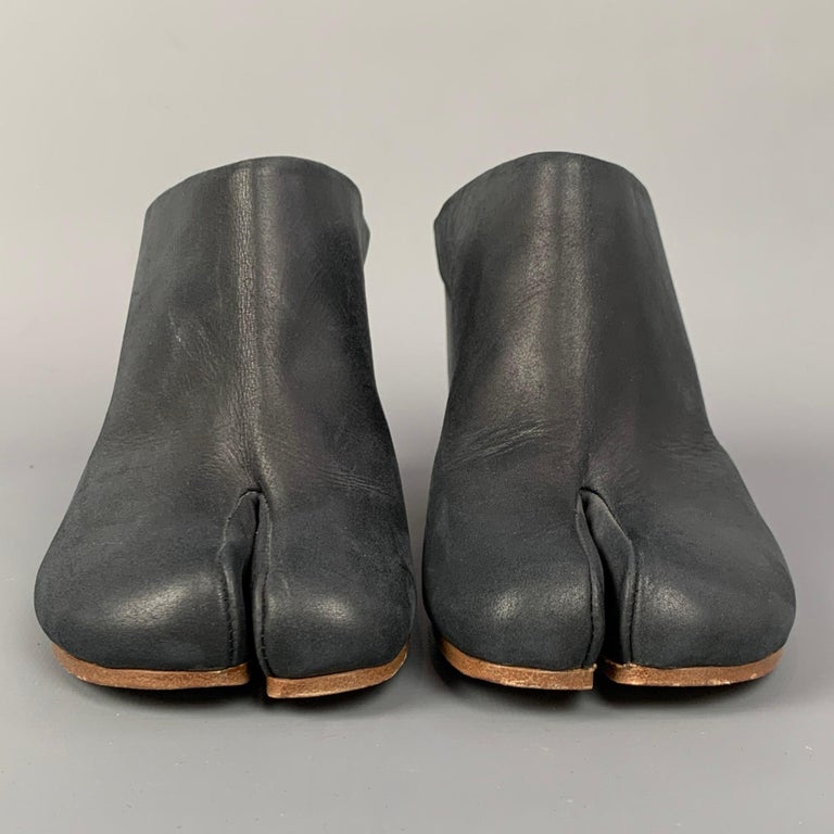 MAISON MARTIN MARGIELA Size 8 Charcoal Leather Tabi Wedge Slippers at ...