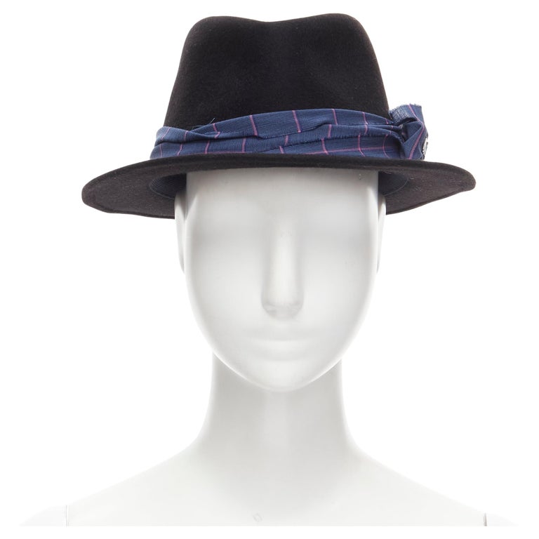 MAISON MICHEL black wool paint lacquered blue check ribbon fedora hat M ...