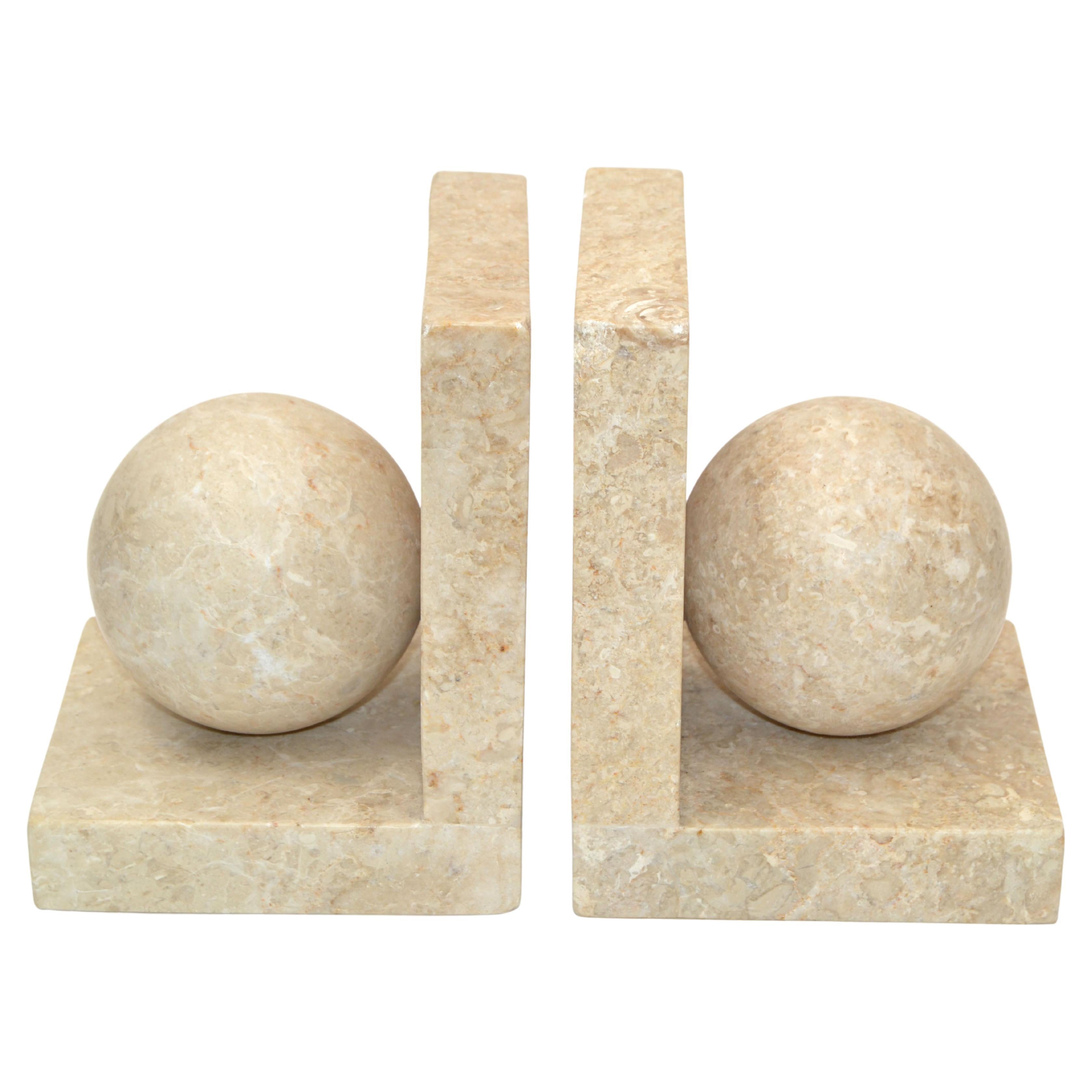 Maitland Smith Bookends Beige Marble Hand Carved Space Age Sphere ...