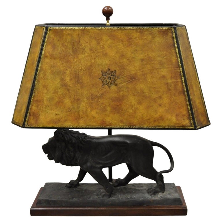 Maitland Smith Bronze Lion Table Lamp with Faux Tooled Leather Shade ...