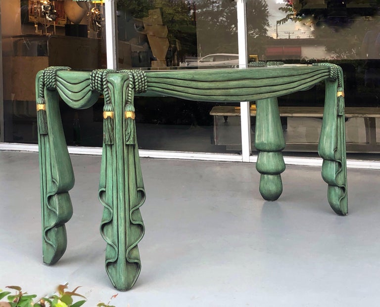 Maitland Smith Carved Wood Green Drape Console Table at 1stDibs