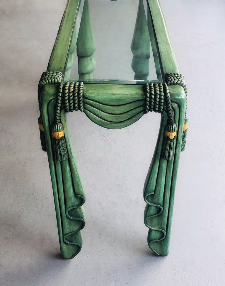 Maitland Smith Carved Wood Green Drape Console Table at 1stDibs