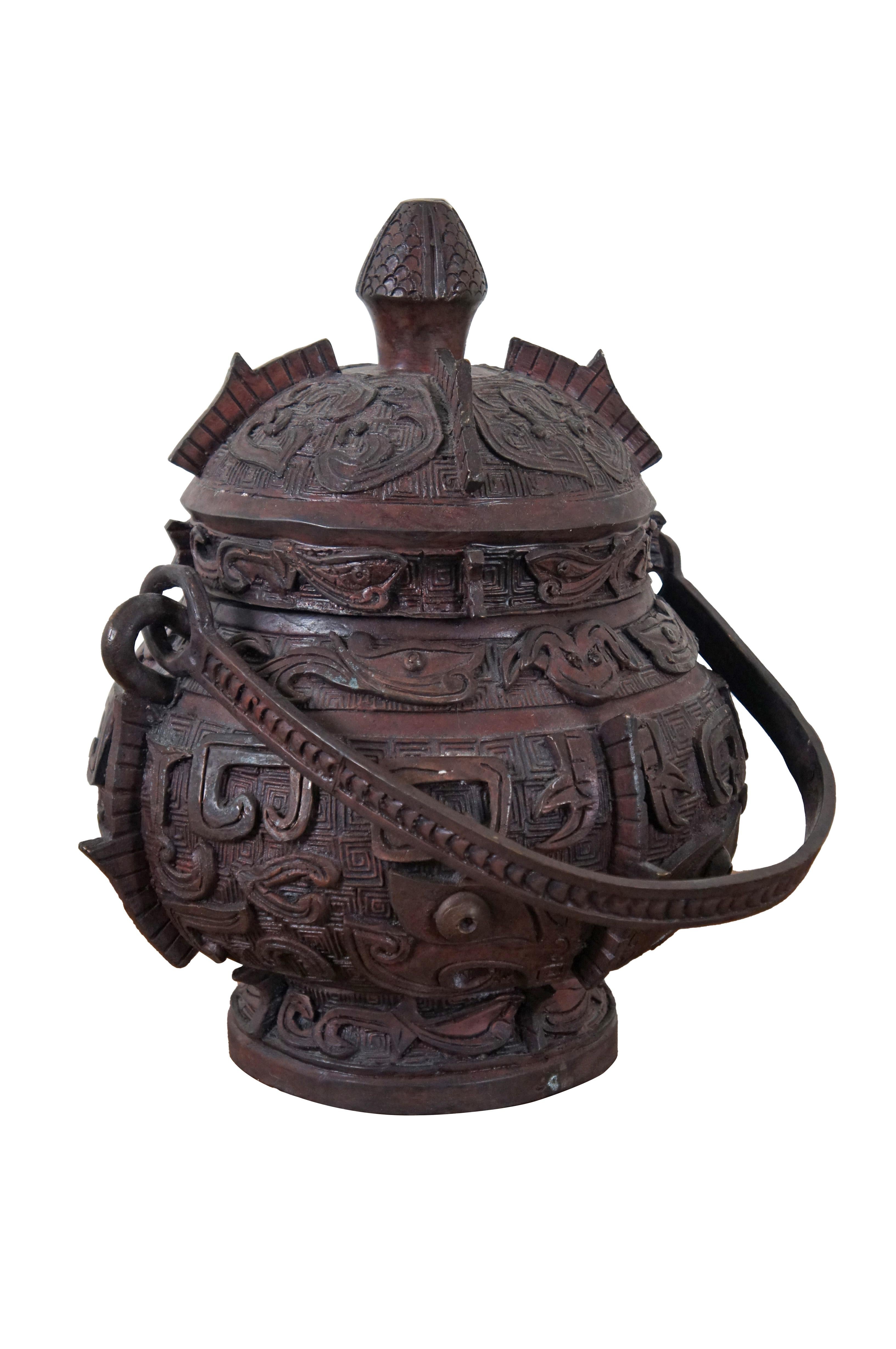 Maitland Smith Chinoiserie Bronze High Relief Lidded Cauldron Pot 13 ...