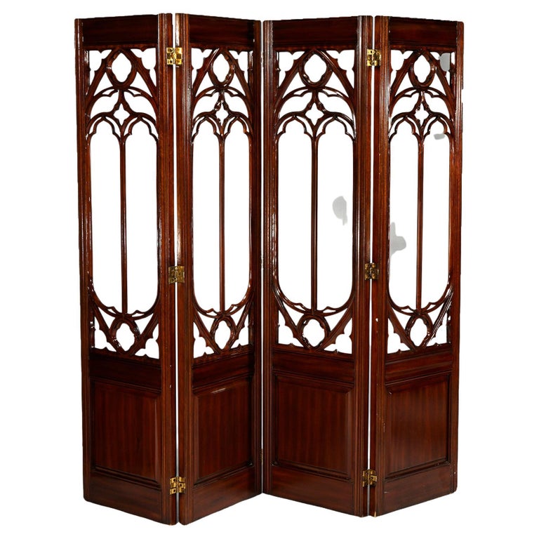 Maitland Smith Gothic Carved Mahogany and Glass Four-Panel Room Divider ...