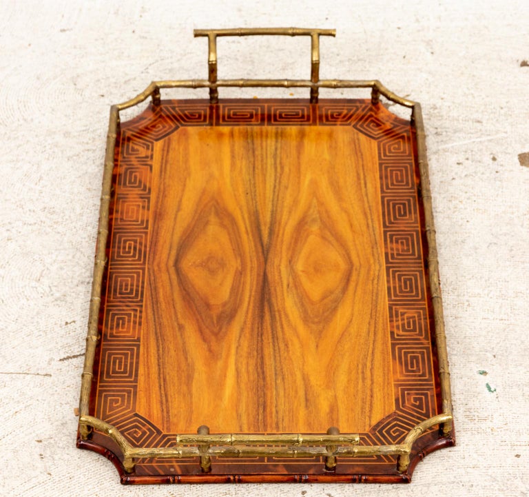 Maitland Smith Inlaid Wood Tray with Brass Handles For Sale at 1stDibs