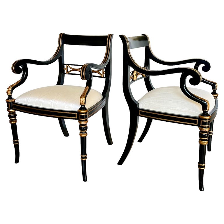 Maitland Smith Regency Style Ebony Parcel Gilt Armchairs, a Pair at 1stDibs