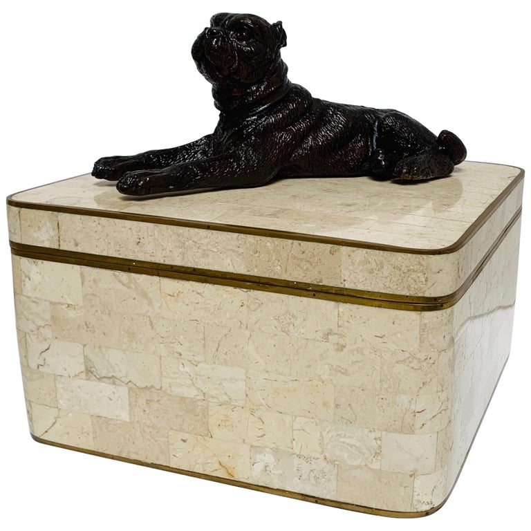 Maitland Smith, Stone Inlay Box, with Bronzed Dog and Brass Trim ...