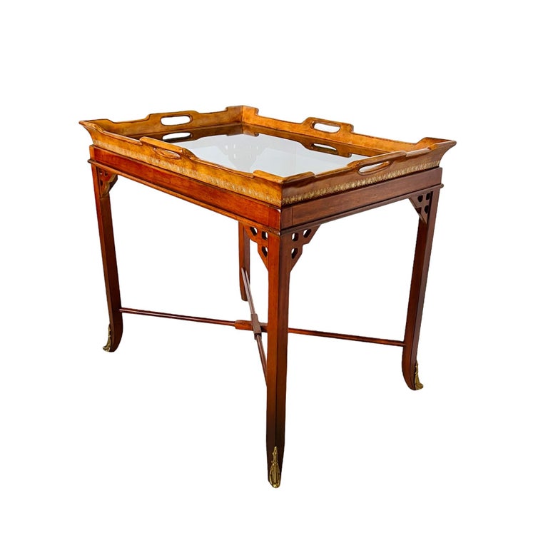 Maitland-Smith Style Mahogany Embossed Leather Glass Tray Table For ...