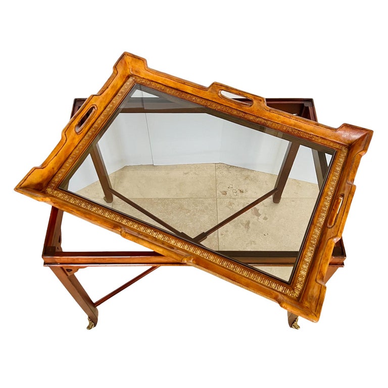 Maitland-Smith Style Mahogany Embossed Leather Glass Tray Table For ...