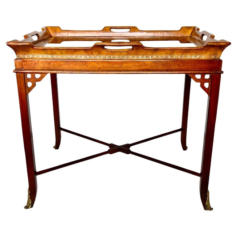 Maitland-Smith Style Mahogany Embossed Leather Glass Tray Table For ...