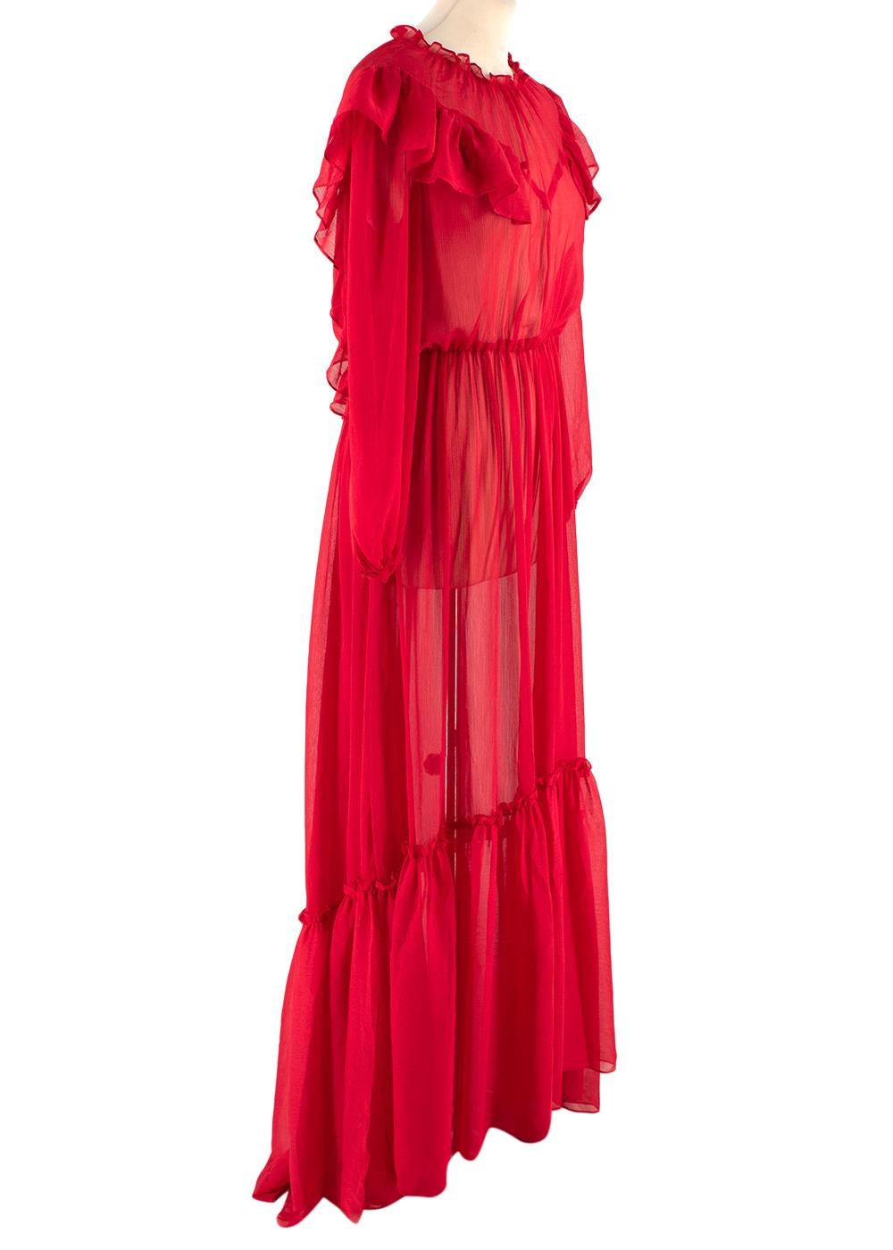 Maje Red Long Muslin Dress with Ruffles - Size M For Sale at 1stDibs
