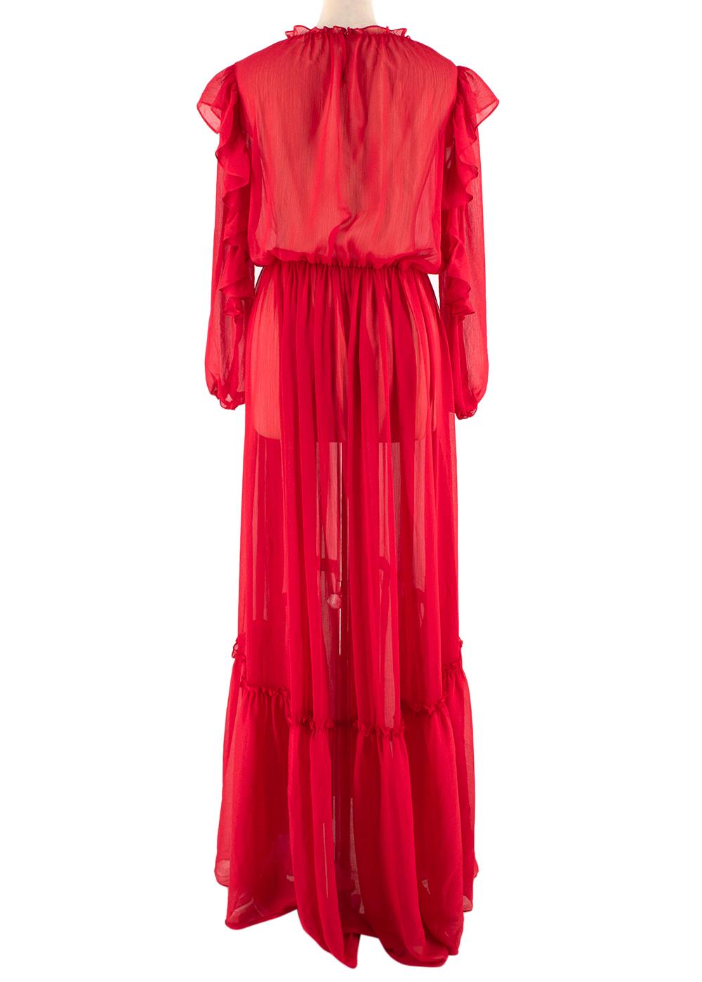 Maje Red Long Muslin Dress with Ruffles - Size M For Sale at 1stDibs