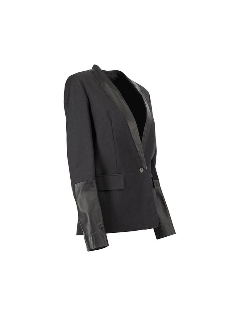 Maje Women's Navy Check Leather Trim Blazer For Sale at 1stDibs