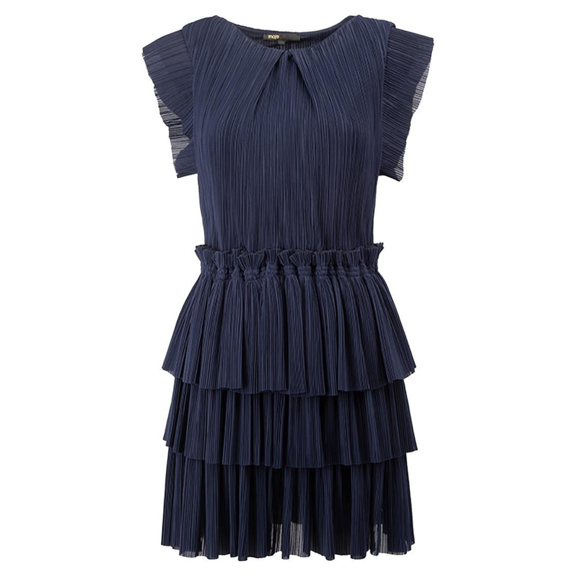 Maje Women's Navy Pleated Layered Mini Dress For Sale at 1stDibs