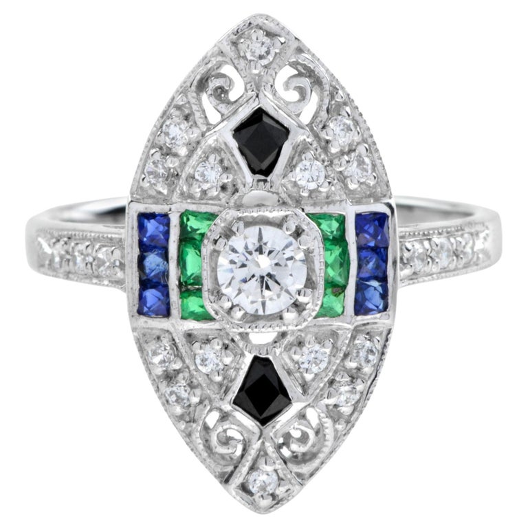 Customizable Diamond With Emerald Sapphire Onyx Marquise Shape Ring In