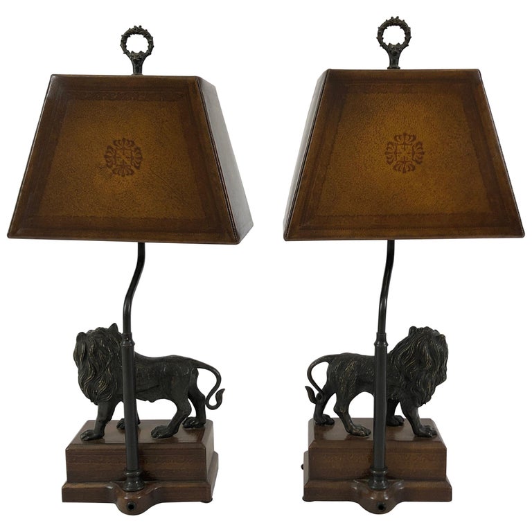 Majestic Pair of Bronze Lion Table Lamps with Leather Shades at 1stDibs