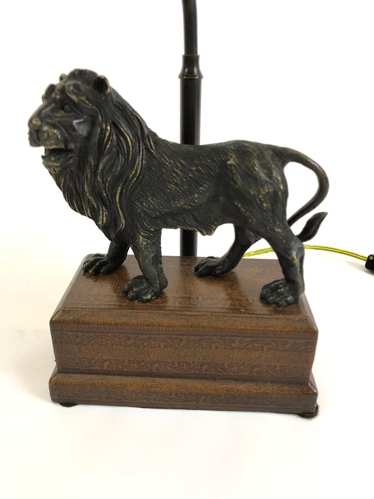 Majestic Pair of Bronze Lion Table Lamps with Leather Shades at 1stDibs