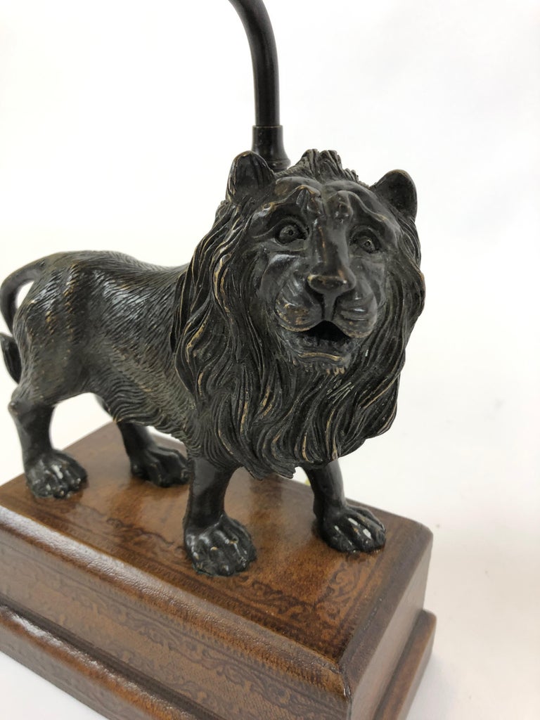 Majestic Pair of Bronze Lion Table Lamps with Leather Shades at 1stDibs