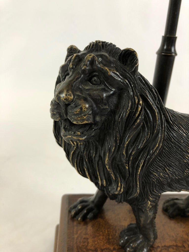 Majestic Pair of Bronze Lion Table Lamps with Leather Shades at 1stDibs