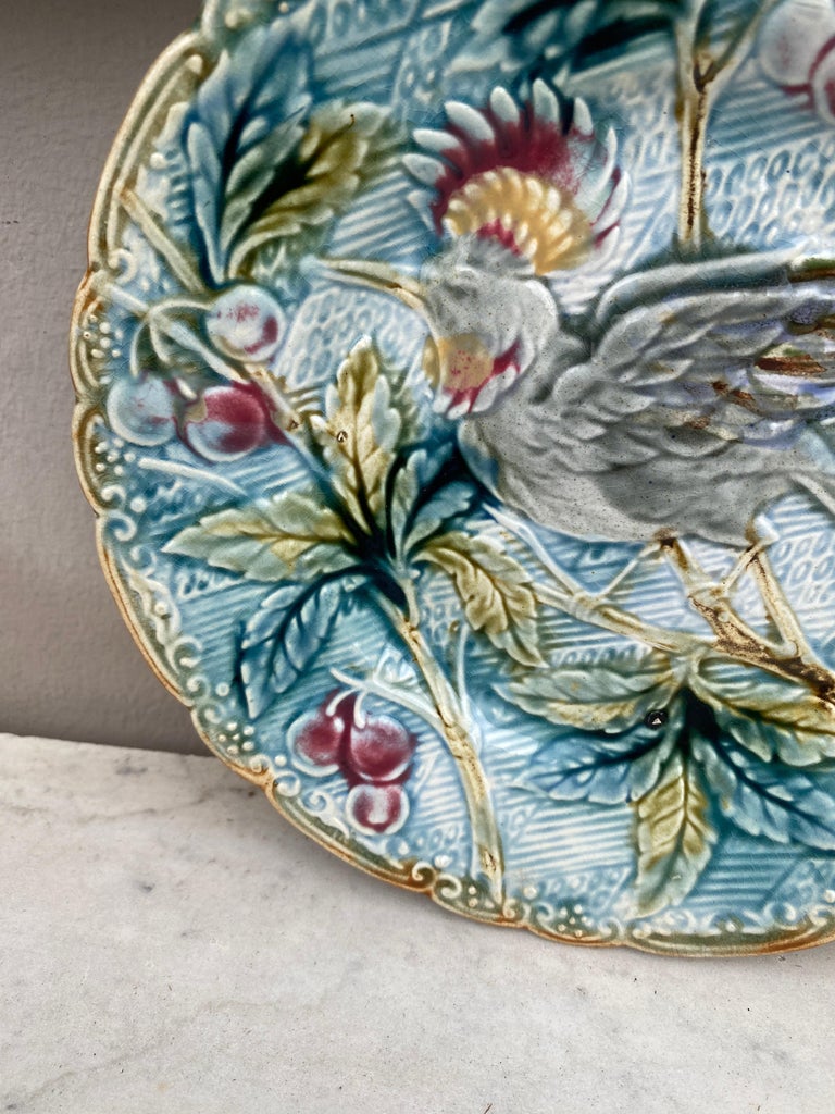 Majolica Bird with Cherries Plate Wasmuel, circa 1890 For Sale at 1stDibs