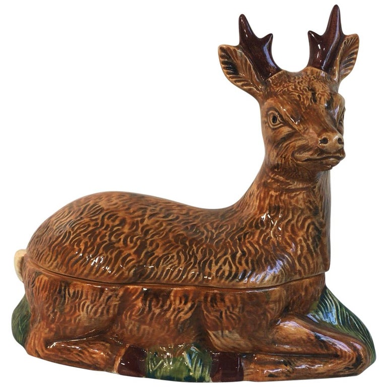 Majolica Brown Deer Tureen Caugant at 1stDibs