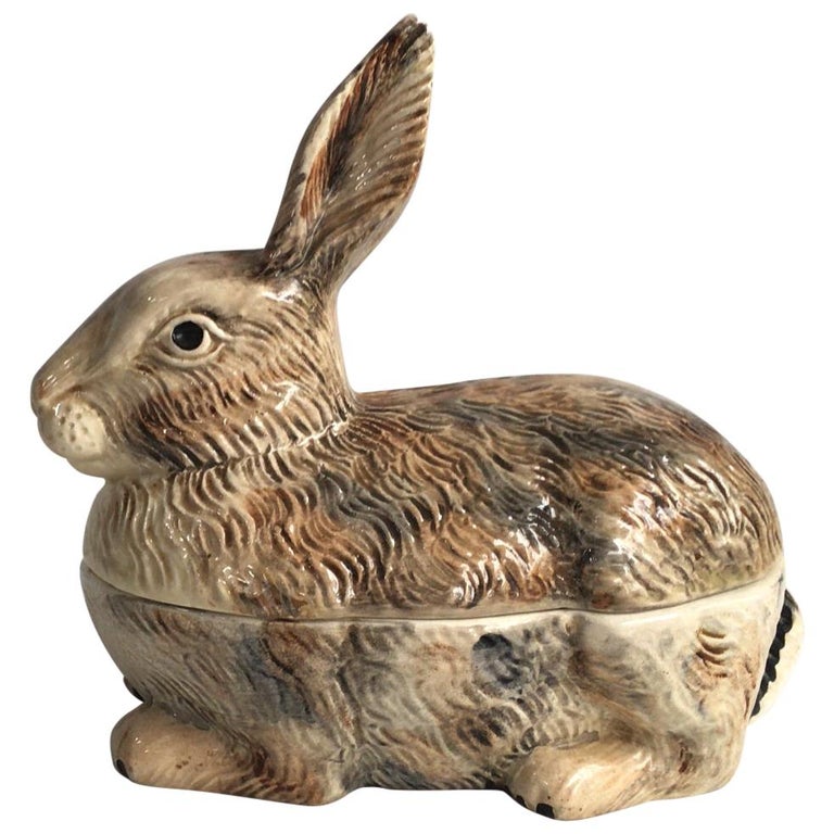 Majolica Brown Rabbit Tureen Caugant at 1stDibs