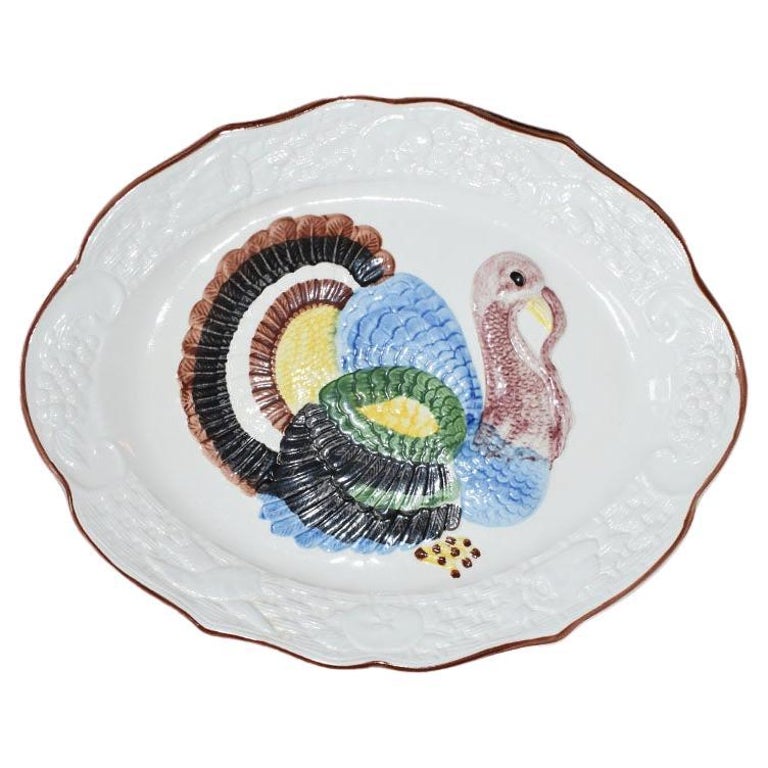 Majolica Hand Painted Ceramic Turkey Motif Thanksgiving Serving Tray or ...