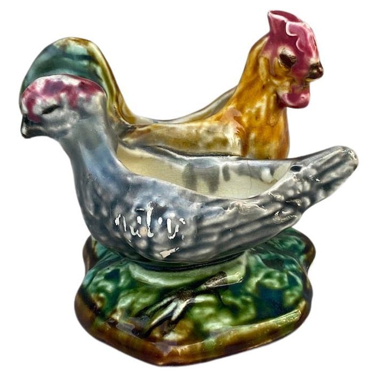 Majolica Hen and Rooster Saltcellar Onnaing, circa 1900 For Sale at 1stDibs